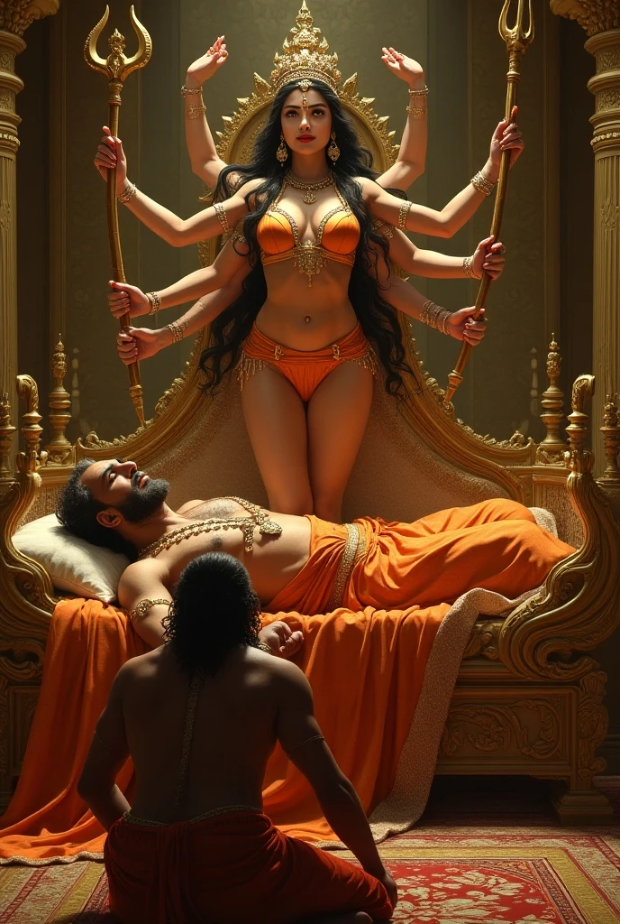 Sexy crowned hindu goddess Durga in orange bikini with six hands holding trishul - SeaArt AI