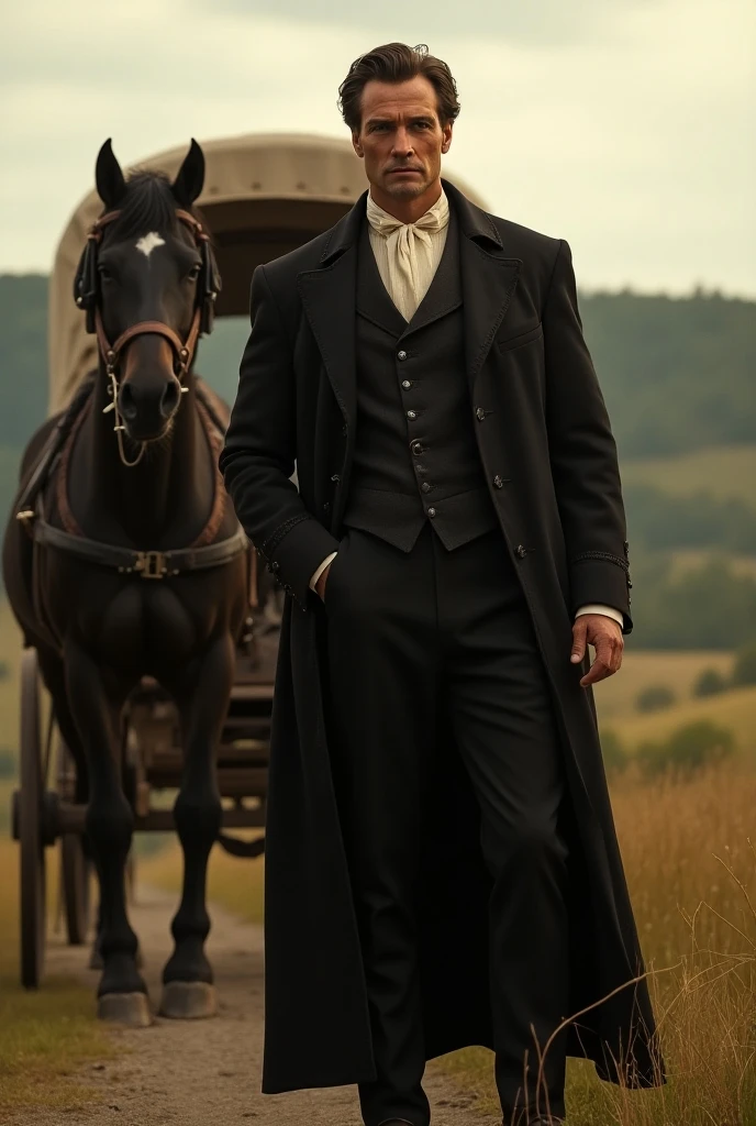 Rhett Butler in a tailcoat and a wagon with a black horse from Gone ...