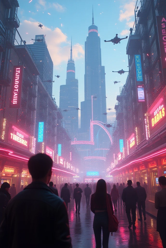 A sprawling, high-tech carnival in the heart of a futuristic city ...