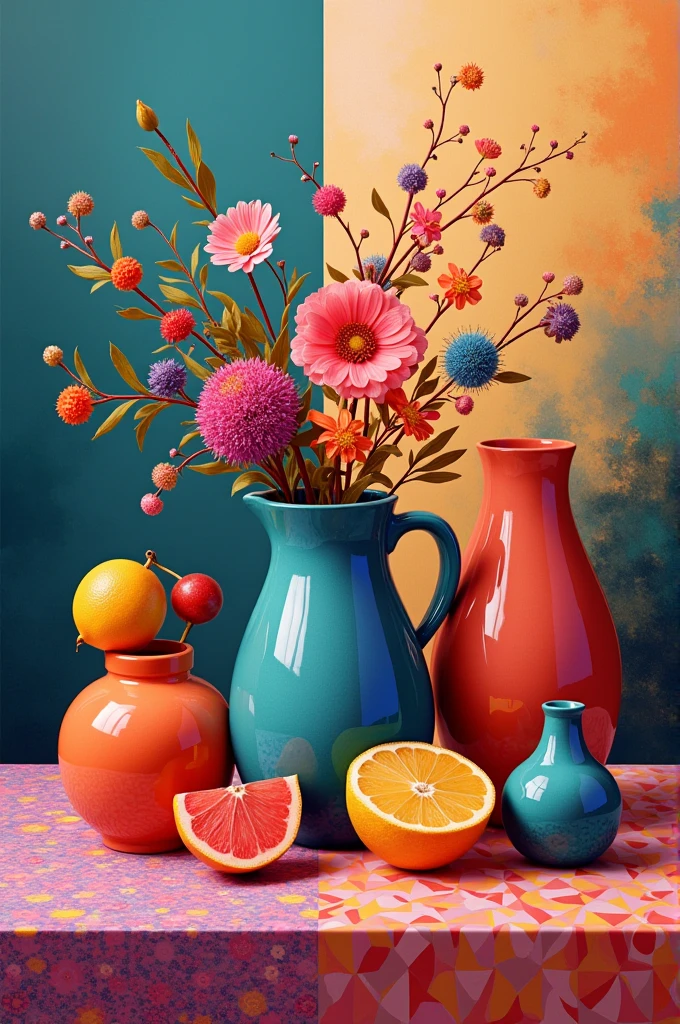 I need an image of a polychrome still life with a pattern ( a repeated ...