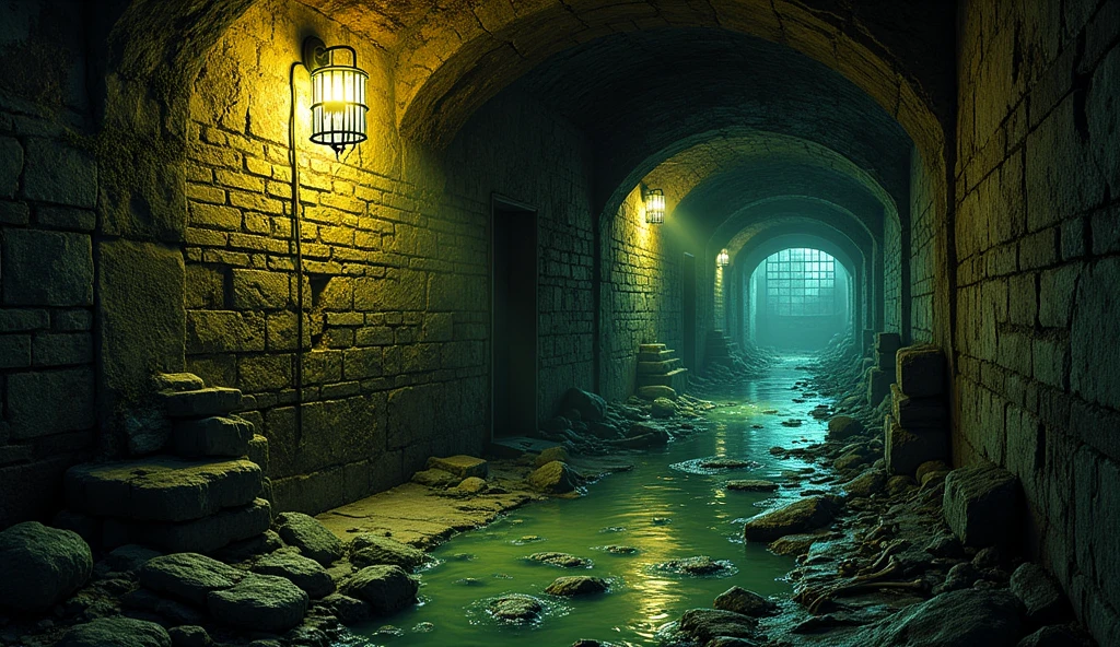 Make an image of the scenery of a sewer gallery , the walls are made of ...
