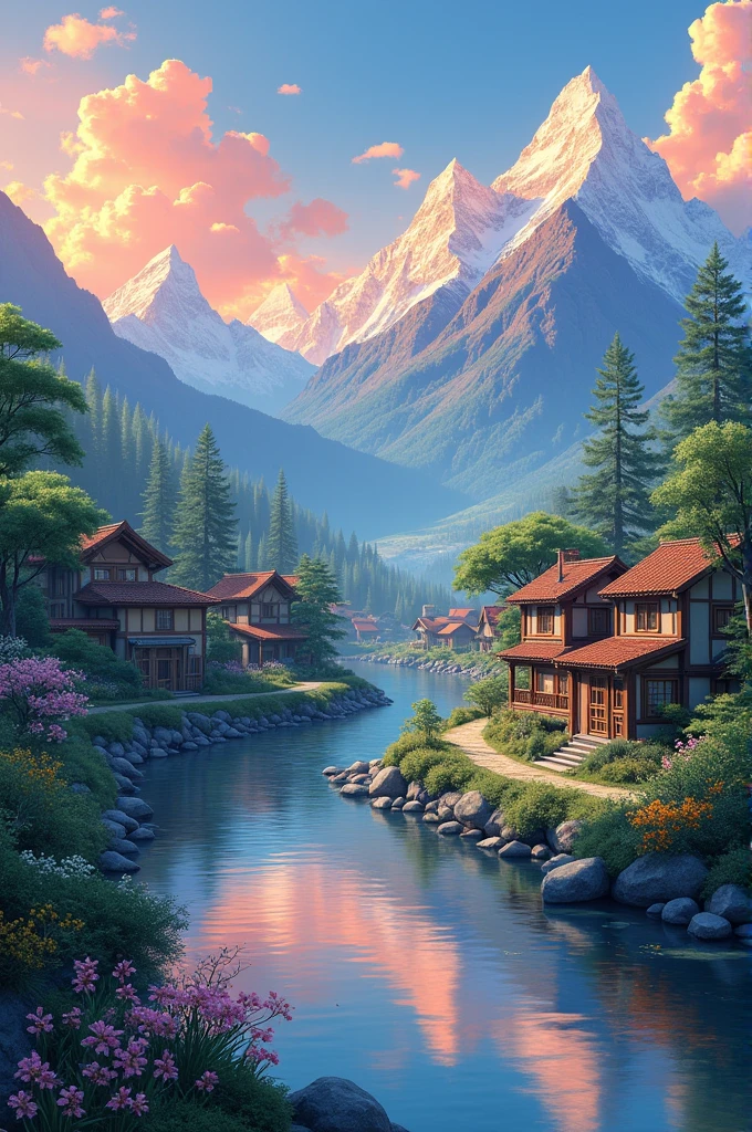 Small village by the river, mountains in the background, colorful ...
