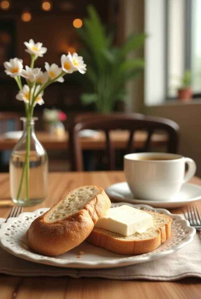 Create realistic table photo with healthy breakfast whole wheat bread ...