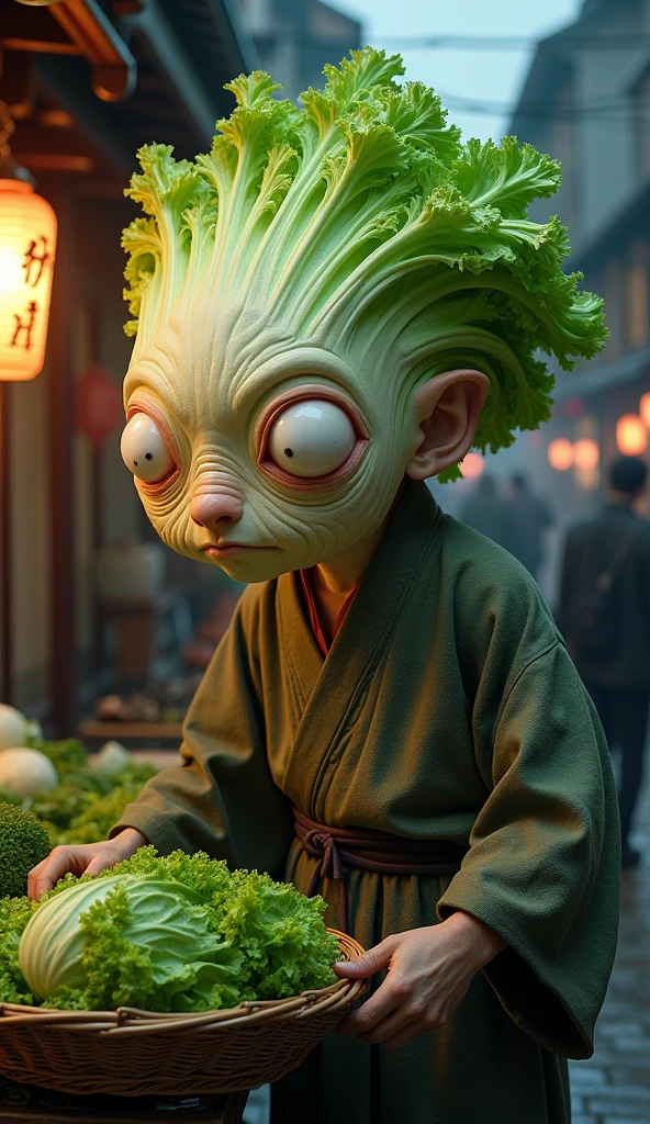 a humanoid supernatural creature with a large head of lettuce - SeaArt AI