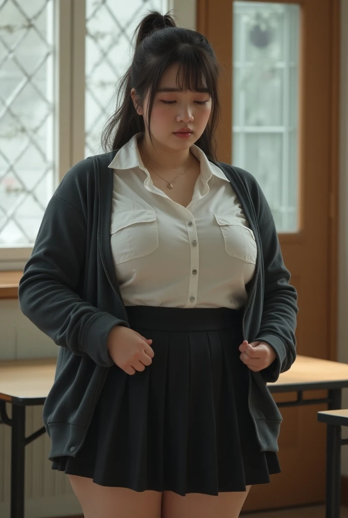 The white button-up shirt is baggy on my small frame, yet the fabric ...