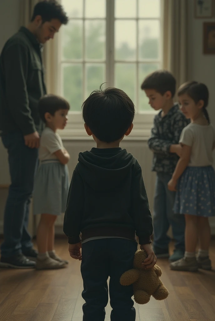 Dull black boy with a bear in his hand , watching his father play with ...