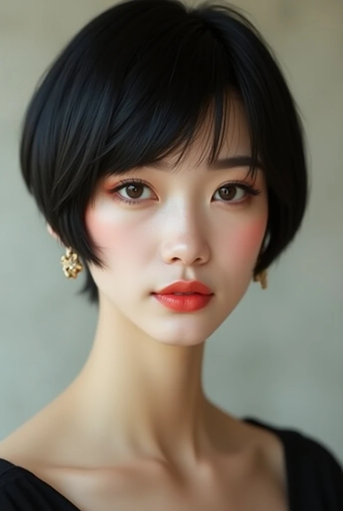 Create a very pretty stylish girl , with very fair skin and short black ...