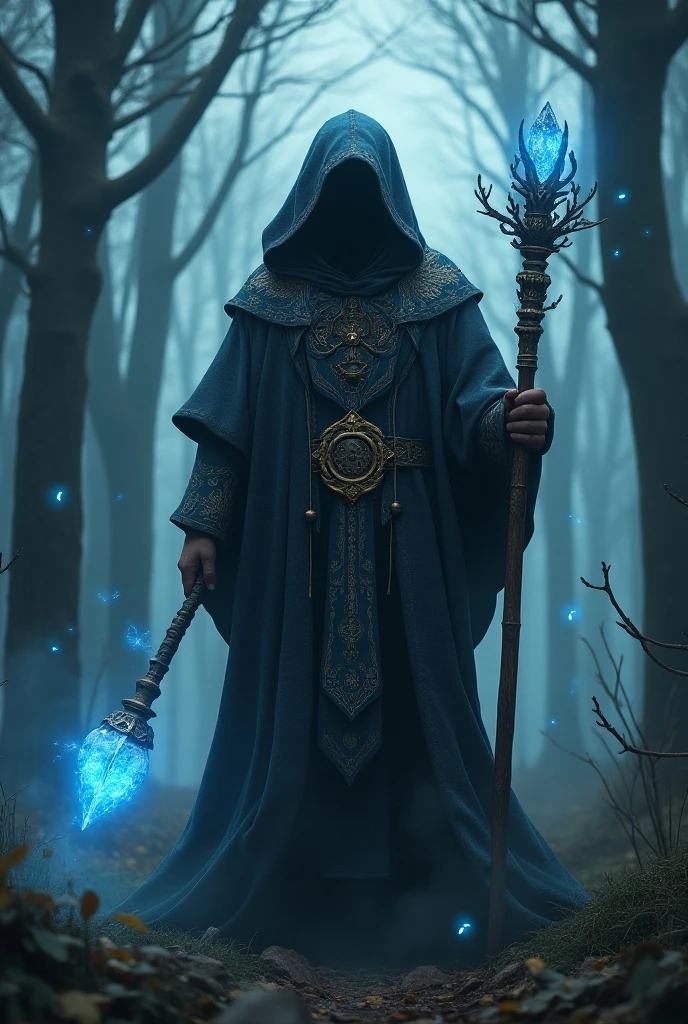 Image is a digital fantasy artwork depicting a hooded wizard standing ...