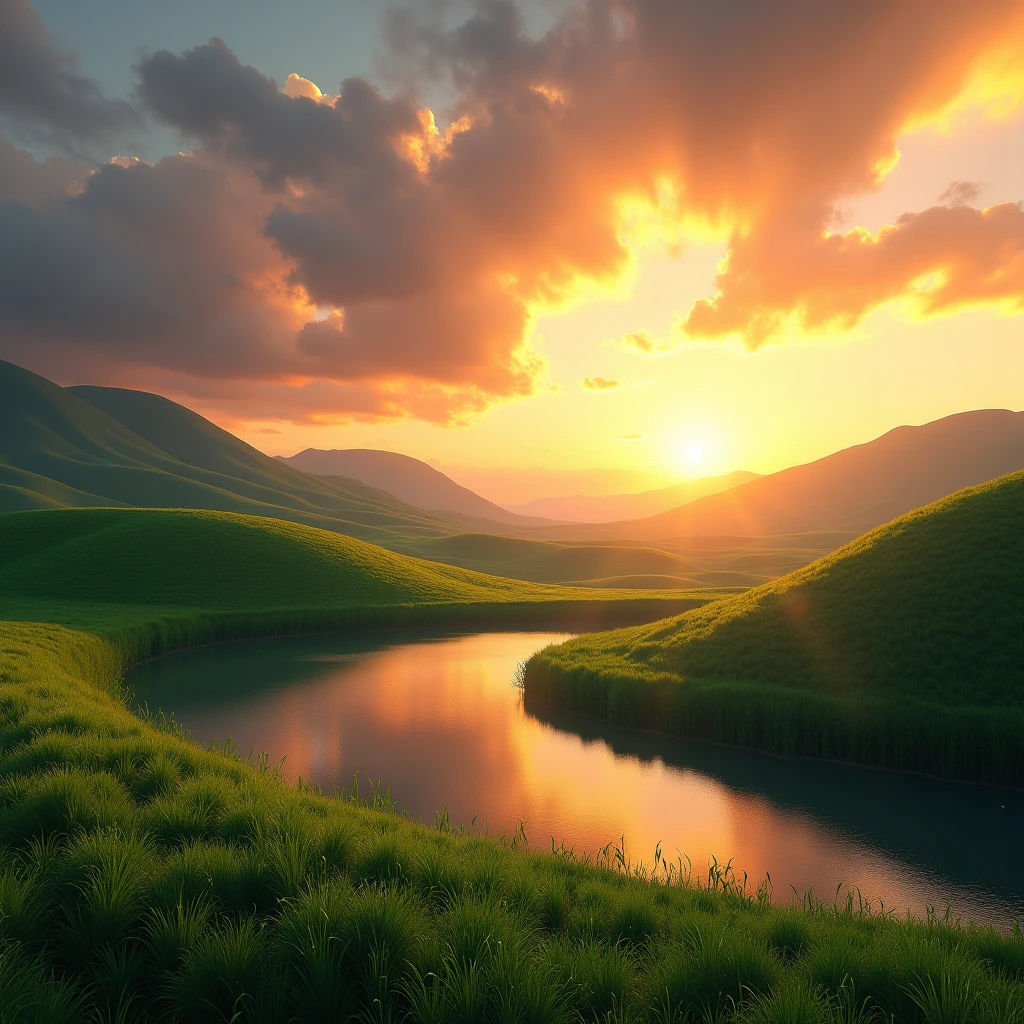 A breathtaking landscape, rolling hills, vibrant sunset, golden light ...