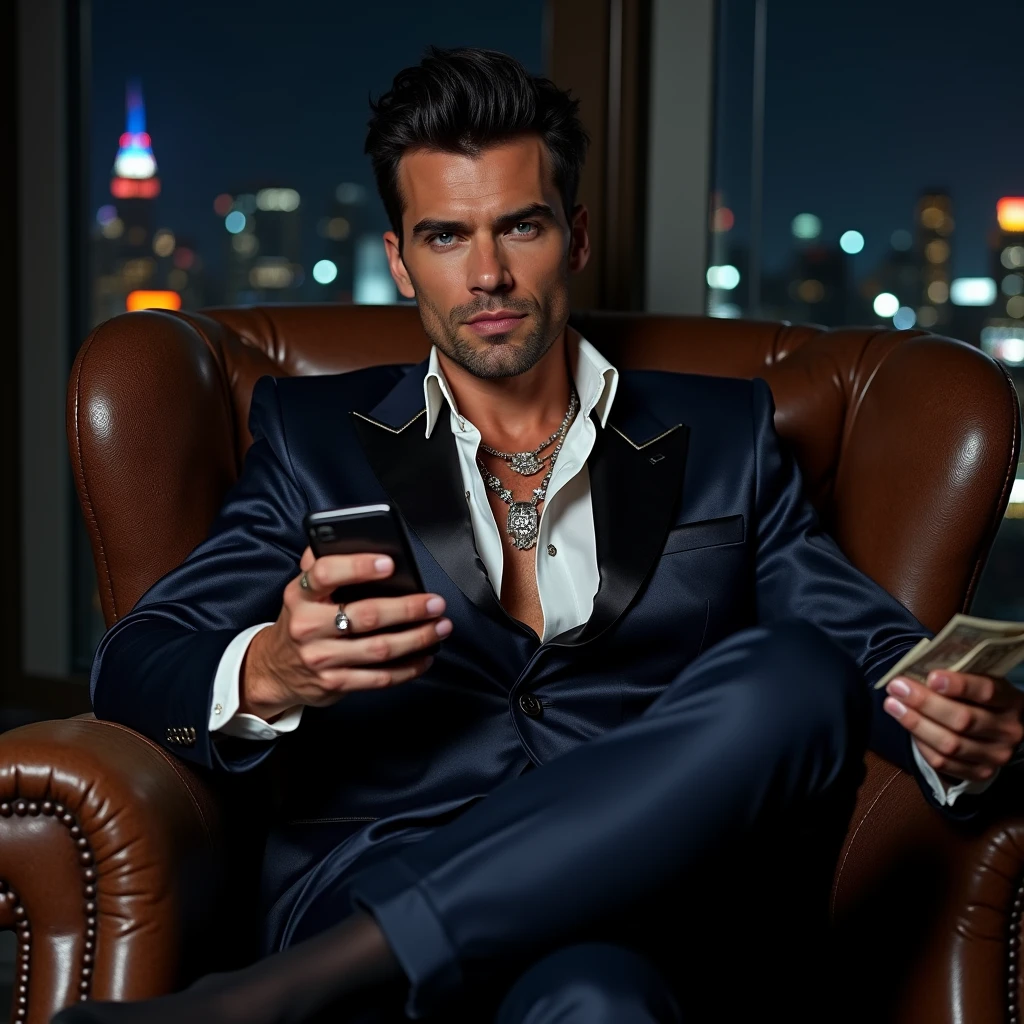 Full length photo, a handsome tanned arrogant white man, chiseled ...