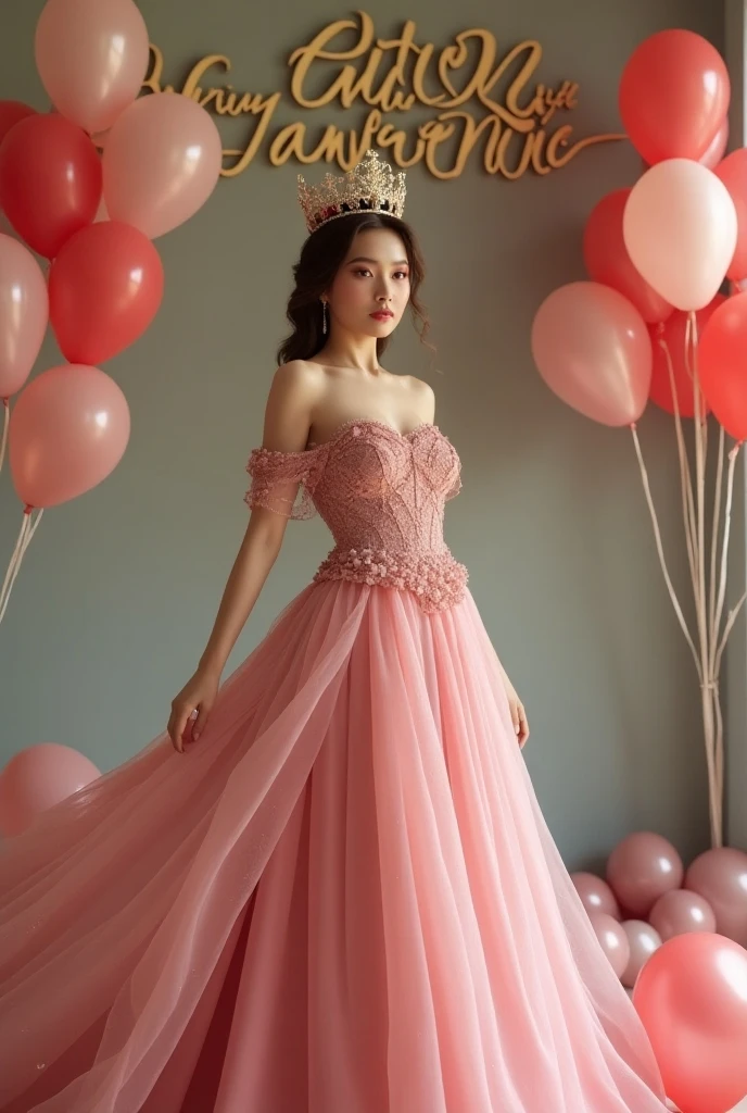 A woman wearing a crown facing forward and a pink dress is standing ...