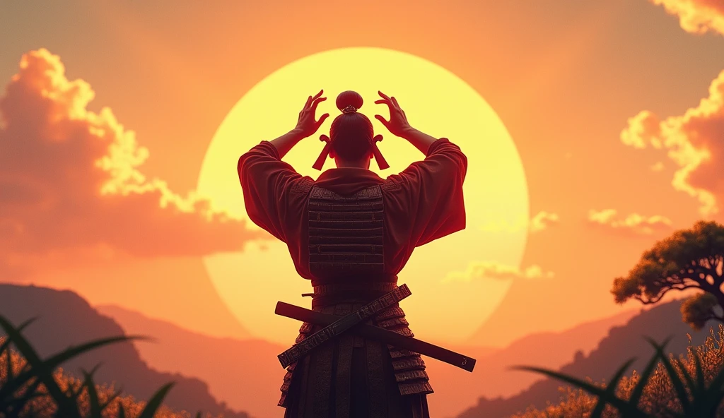 Back View of a Samurai 、whole body、A samurai who raises his hands wide ...