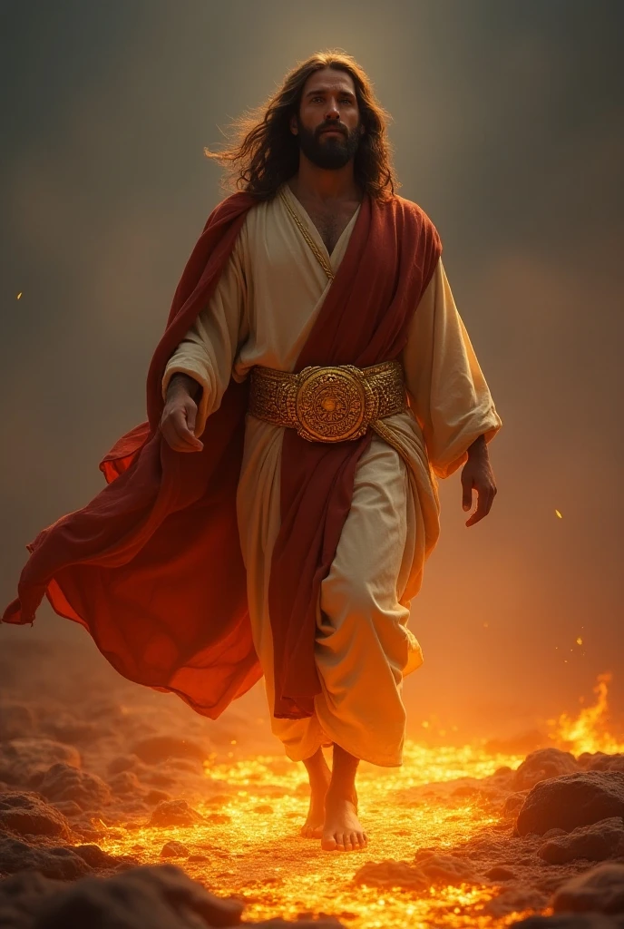 Jesus with a golden belt , walking on hot coals hyper realistic 4k ...