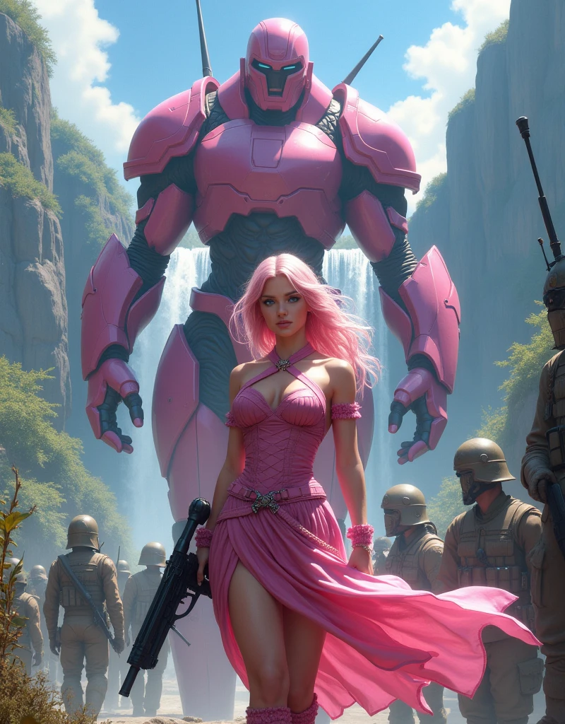 A Beautiful Warrior Woman With Pink Hair And Blue Eyes Wearing A Realistic Pink - SeaArt AI