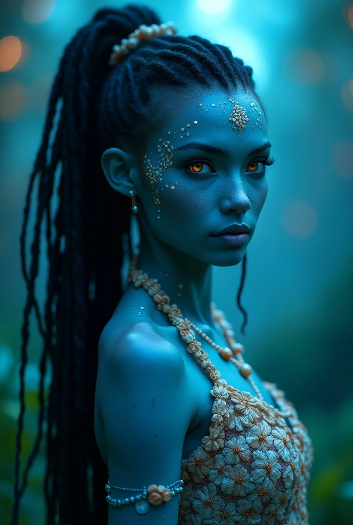 A Na’vi metkayina light blue skin girl with curly hair with cornrow and ...