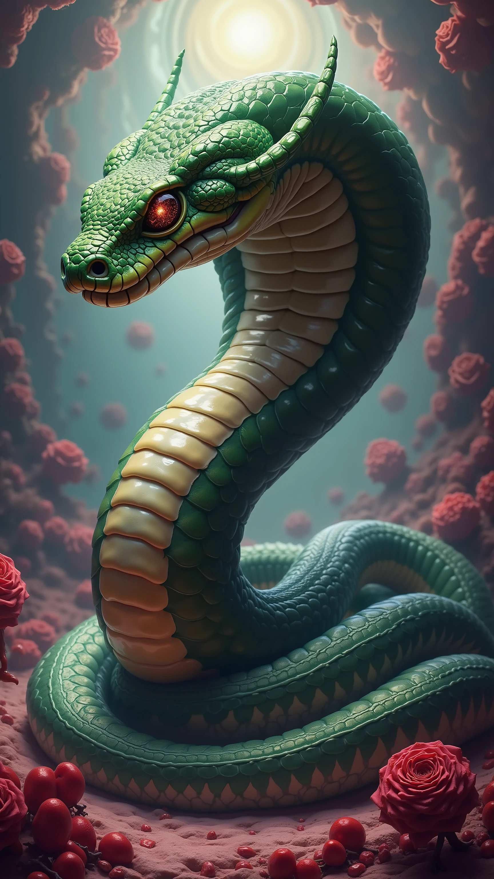 A king cobra snake with a watermelon fruit skin, epic and scary looking ...