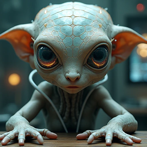 Hybrid being, exact human mouth features, close-set enlarged eyes with ...