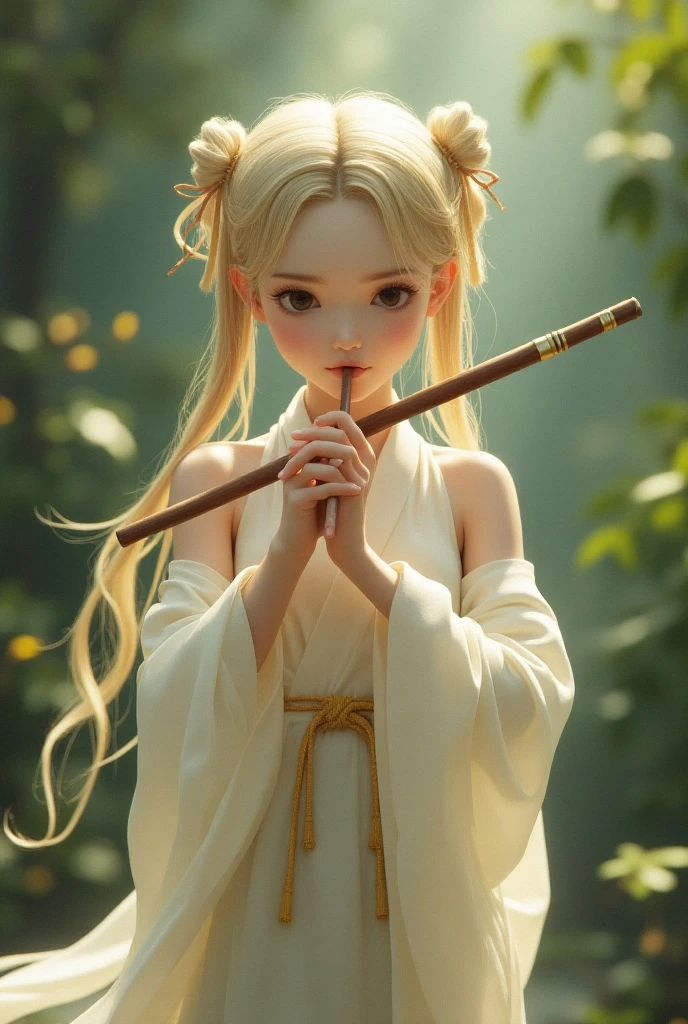 Thin transverse flute, golden eyes, way, ash blonde hair, deep look ...