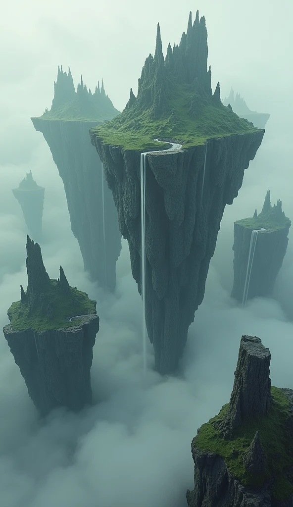 A cluster of floating islands where each island has fractal cliffs ...