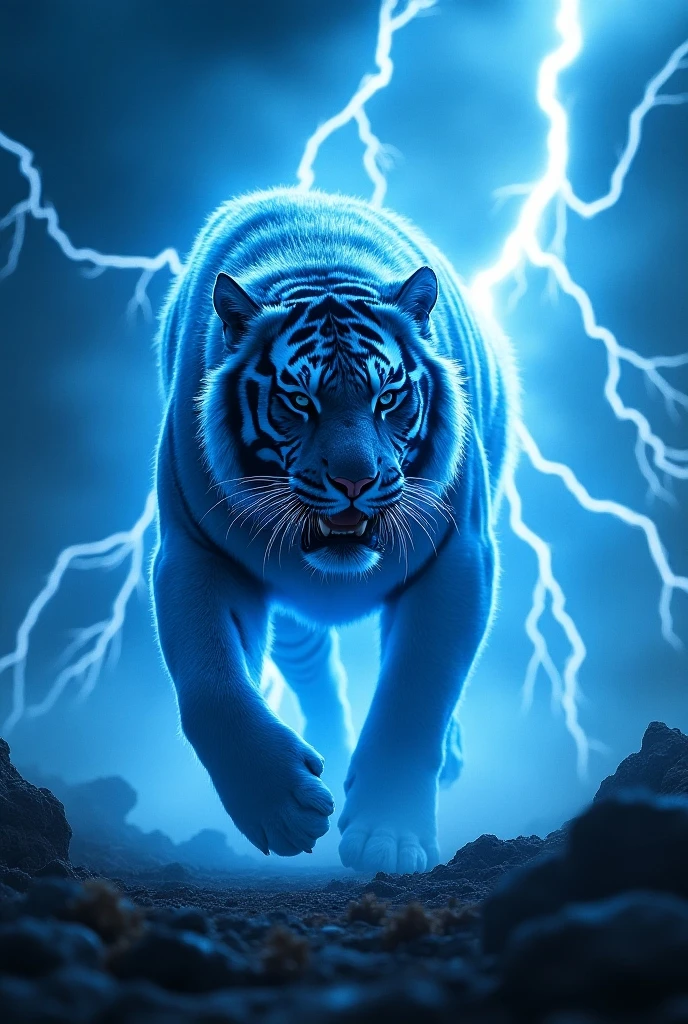 Tiger-Lightning: Electric blue fur crackling with arcs of lightning ...