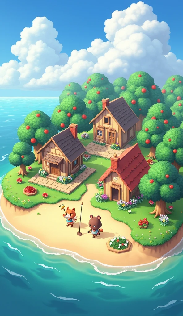 A peaceful, lush island scene inspired by Animal Crossing, with gentle ...