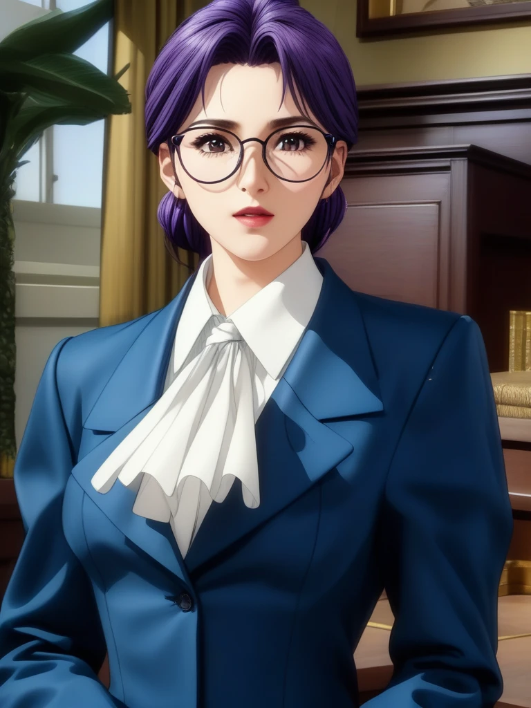 blue jacket , collared shirt,Long sleeve, Black suit skirt,white ascot ...