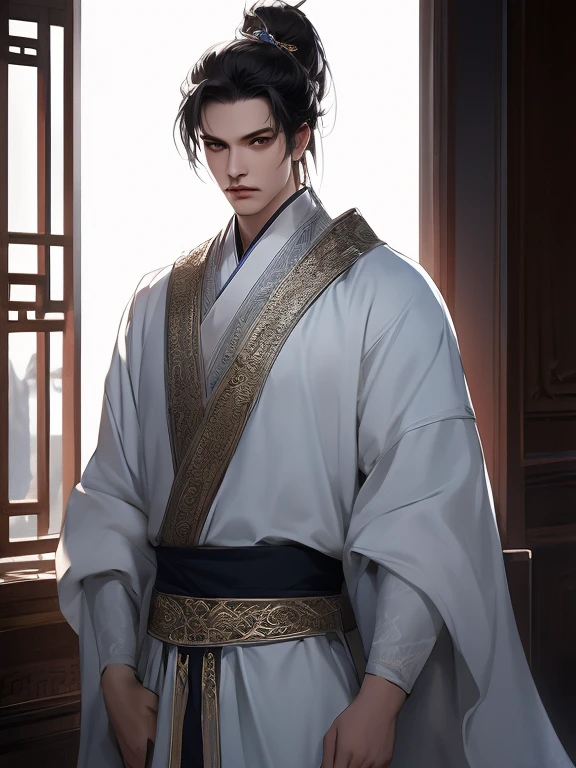 A beautiful man in black hanfu, asian architecture interior, ancient ...