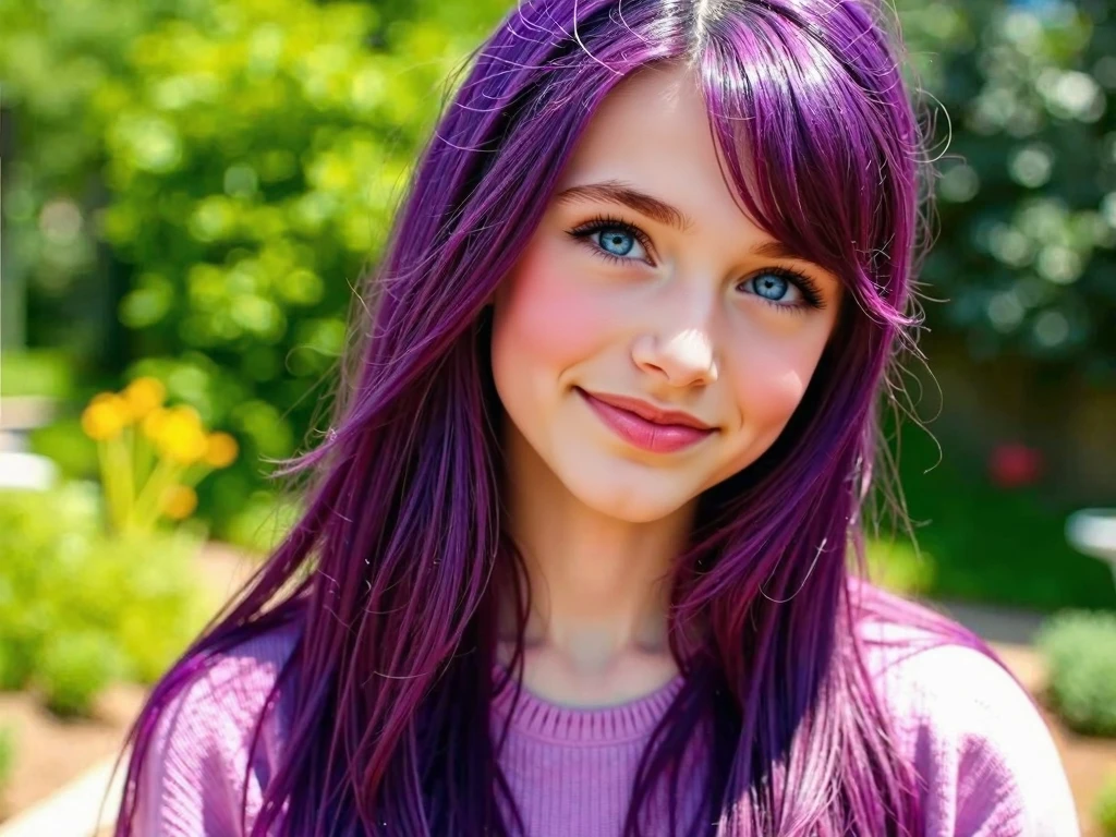 Approximately sixteen year old teenage girl with purple hair and purple ...