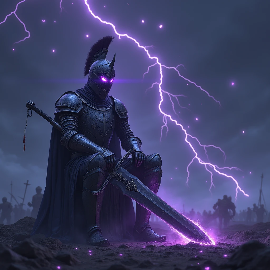 Greek Mythology knight with armor, helm and big sword in a battlefield ...