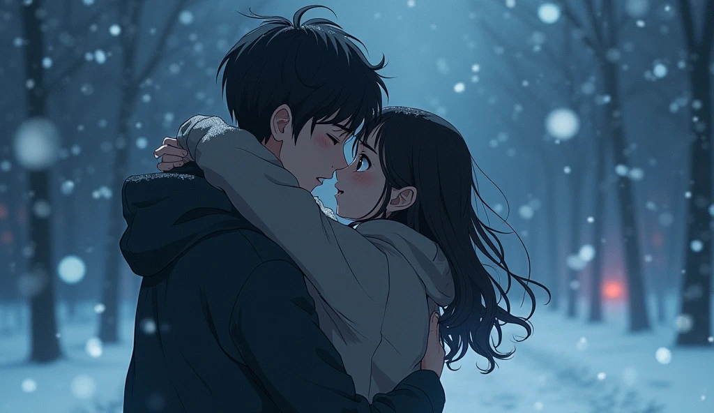 1 girl in the arms of a boy, In Blizzard, Surrounding with snow - SeaArt AI