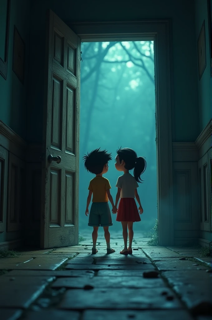 Cinematic 3d cartoon character "The door of the mansion creaked open ...