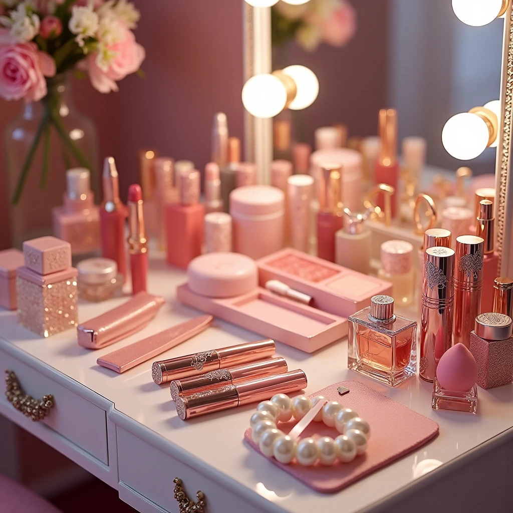 A luxurious pink-themed vanity, bathed in soft rose light, with shimmering blush - SeaArt AI