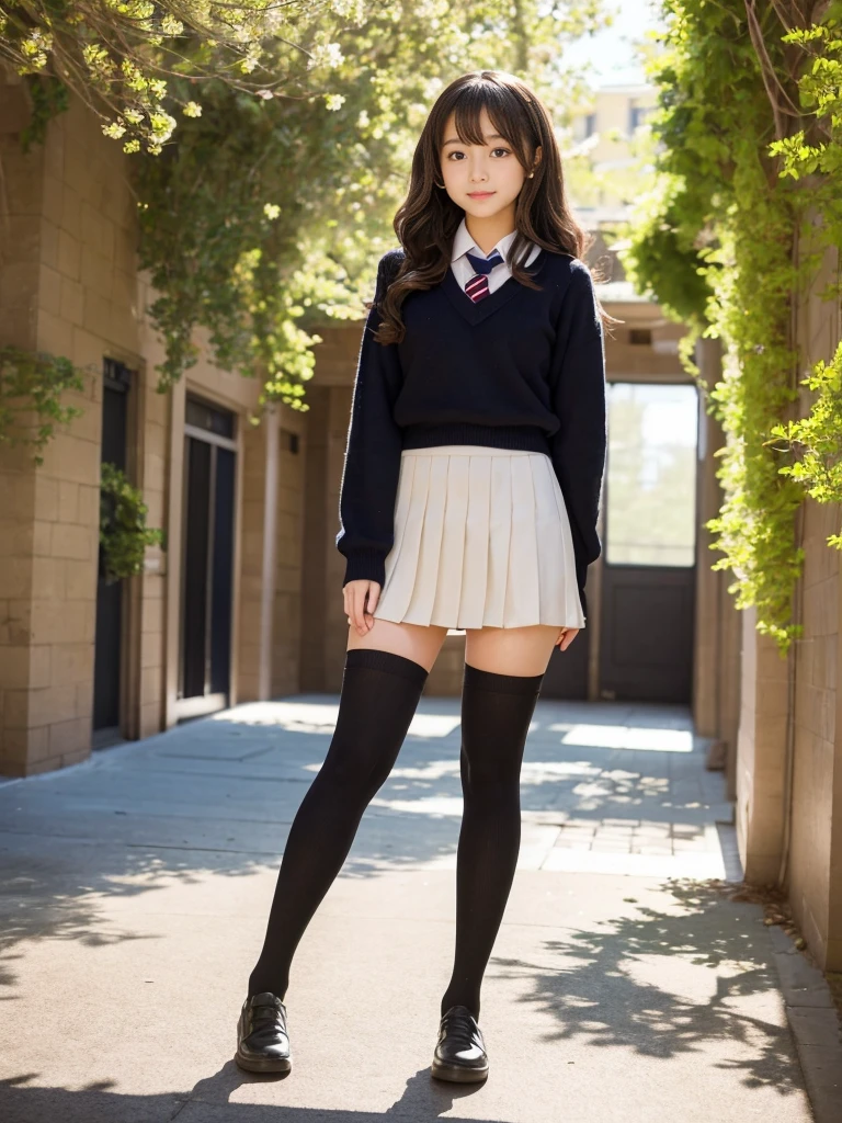 A high school girl with wavy medium hair stands gracefully, wearing ...