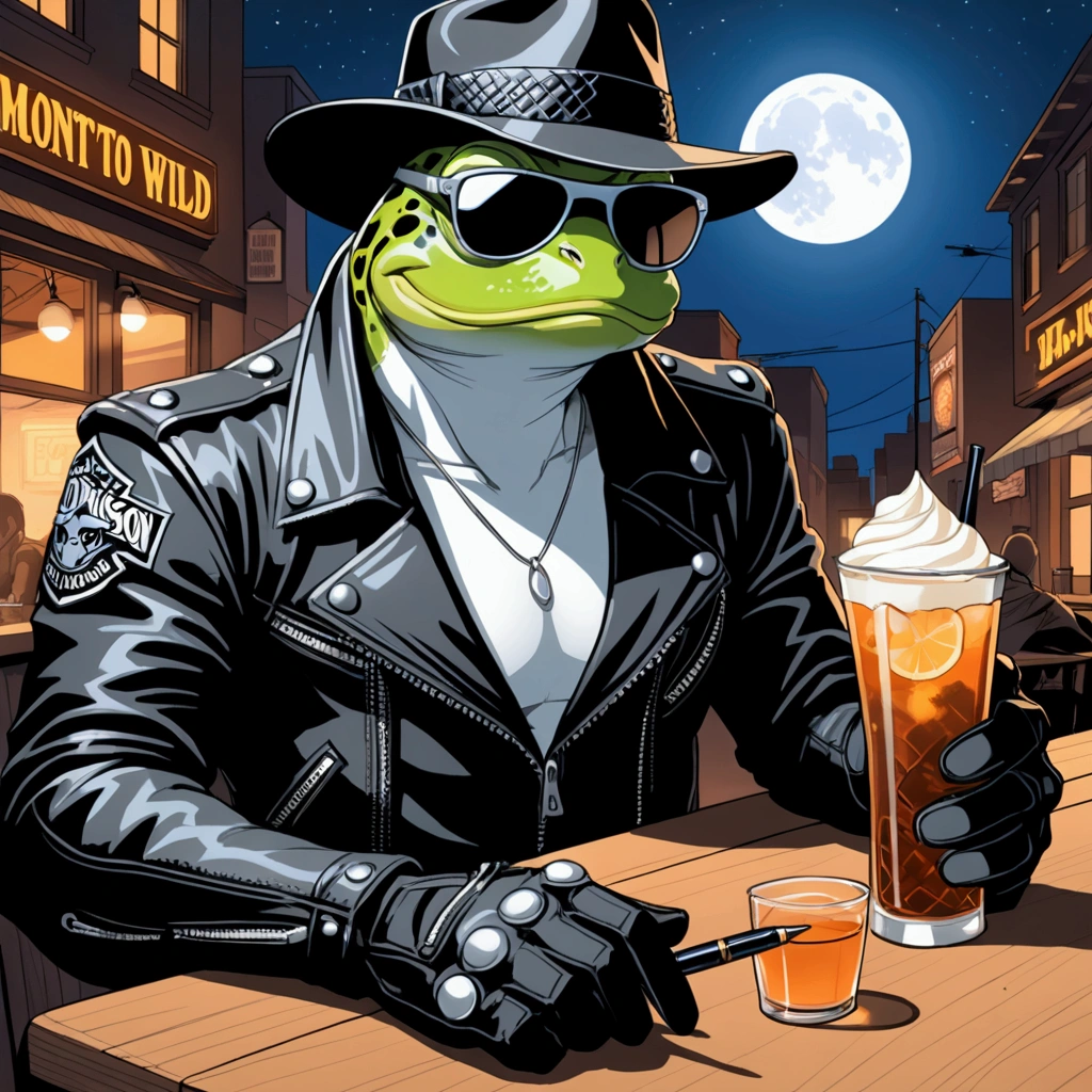 Cartoon of an extremely badass light blue and white bullfrog wearing an ...