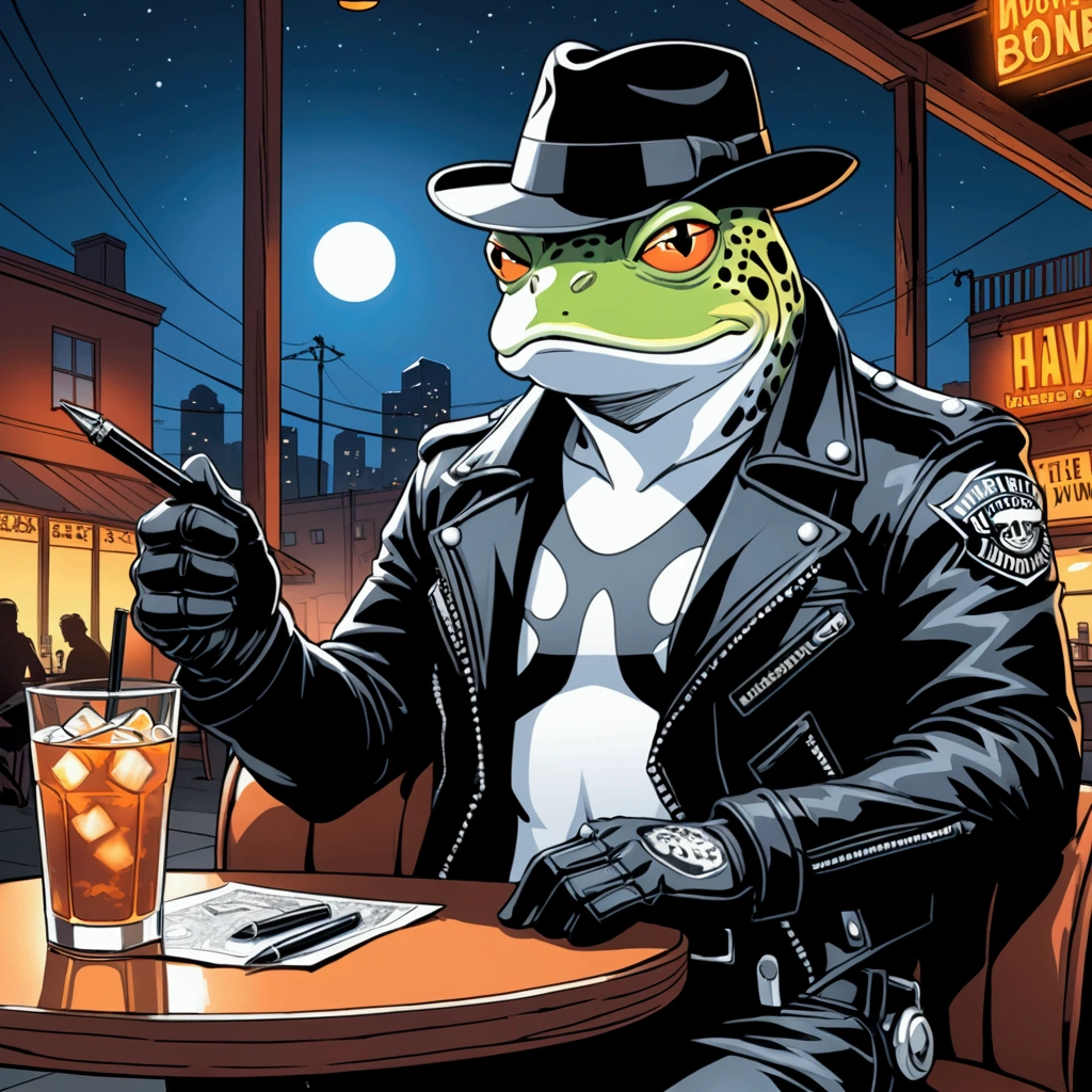 Cartoon of an extremely badass light blue and white bullfrog wearing an ...