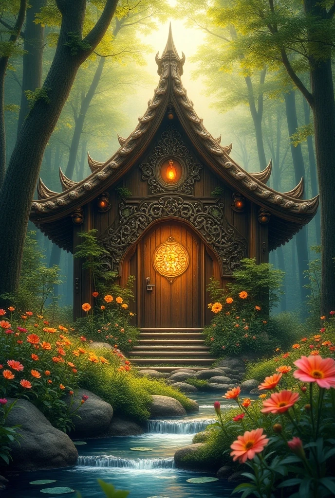 A traditional rebit, nestled in a lush, green forest, with vibrant ...