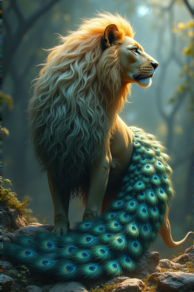 Lion-peacock: a lion's head with a magnificent tail, symbolizing both ...