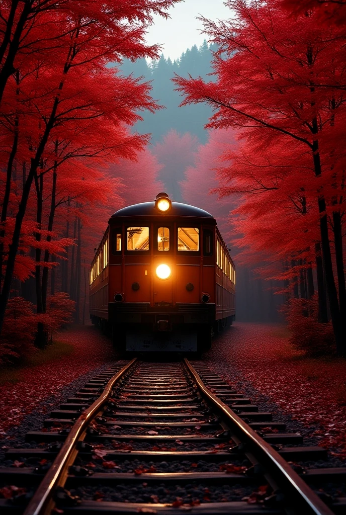 A slow-moving tourist train running through a red maple forest - SeaArt AI
