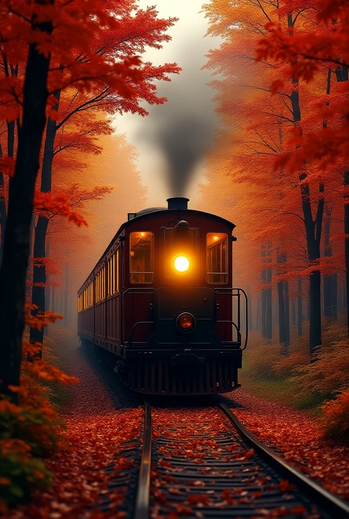 A slow-moving tourist train running through a red maple forest - SeaArt AI