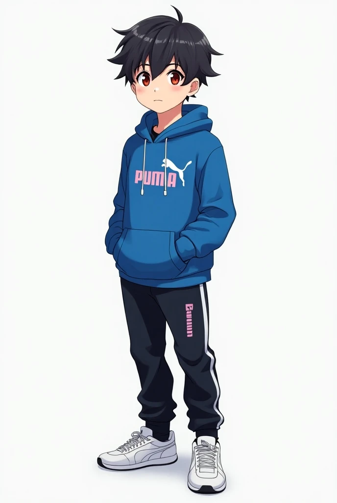 A anime boy, he wear blue puma hoddie, black puma pant, white puma ...