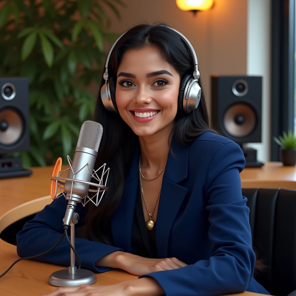 "A hyper-realistic depiction of a confident Indian woman hosting a ...