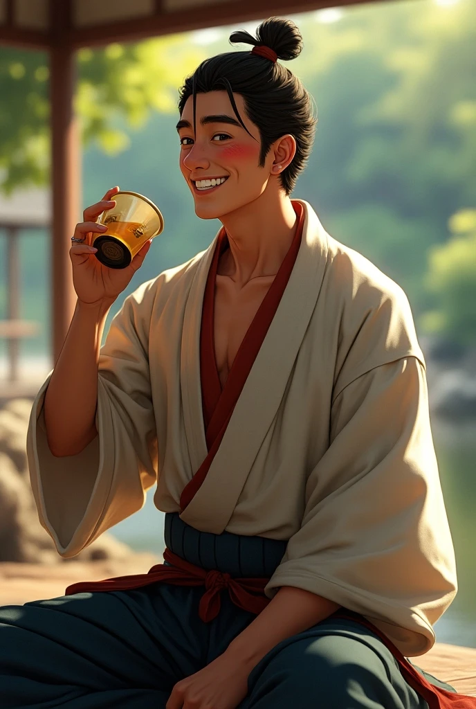 Drunk young japan man-samurai drinking sake with smile - SeaArt AI