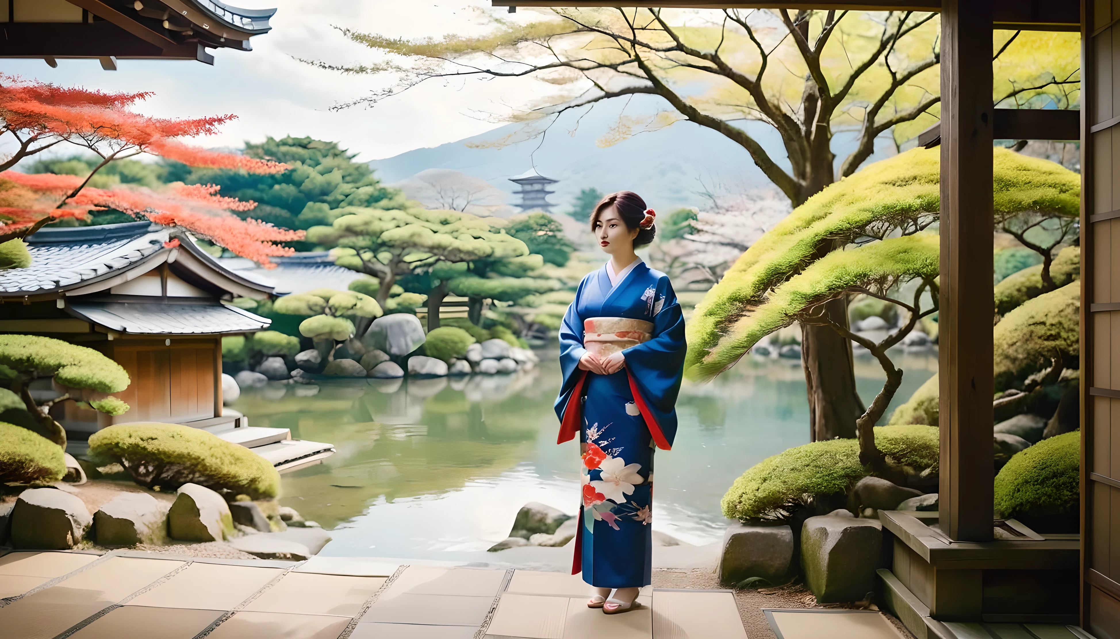 Woman in kimono、Old Japanese landscape - SeaArt AI