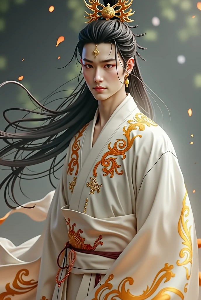 Man, scarlet eyes, black hair , white hanfu with red patterns of flame ...