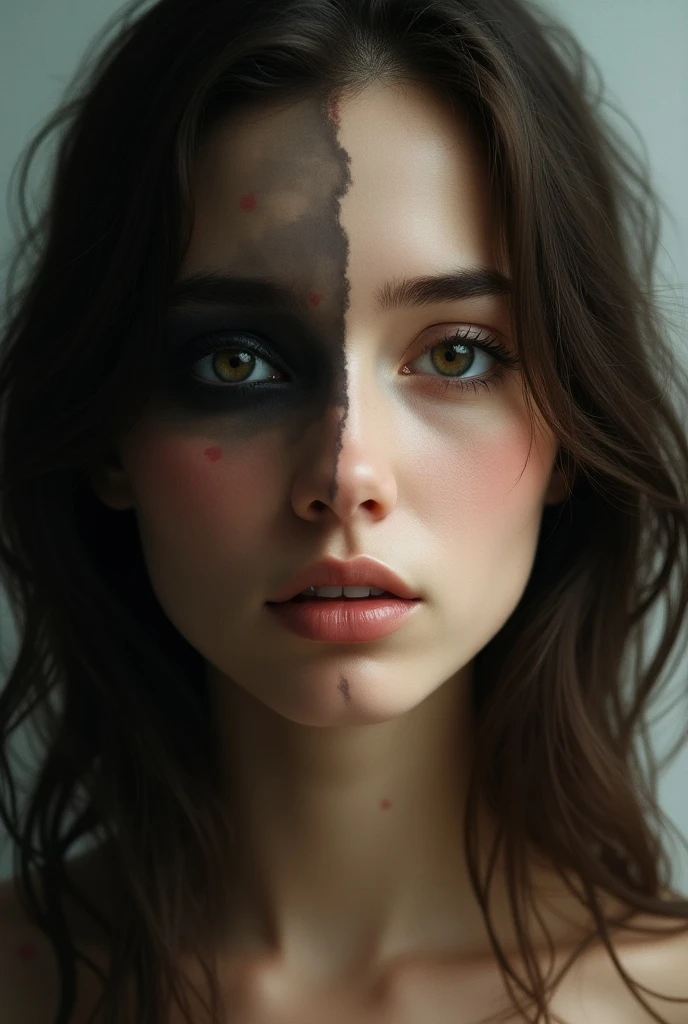 One face two sides of a beautiful woman with dark brown hair - SeaArt AI