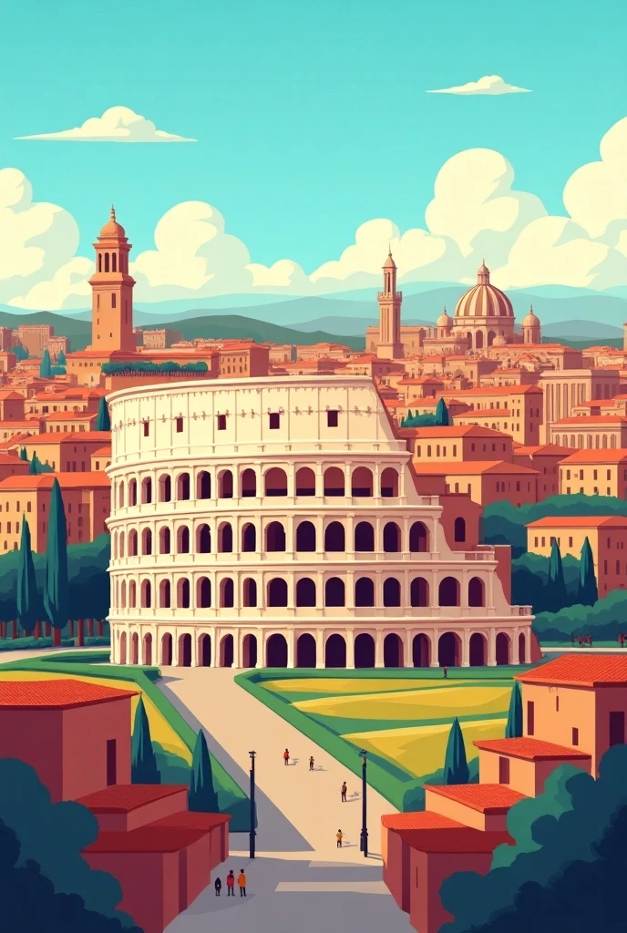 Affiche illustration flat colorée représentant la ville de Rome avec le ...