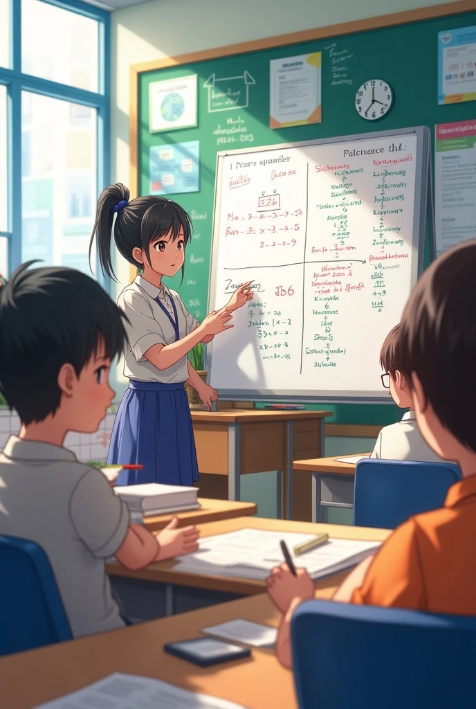 (Anime art style) In a vibrant math classroom, students participate in ...