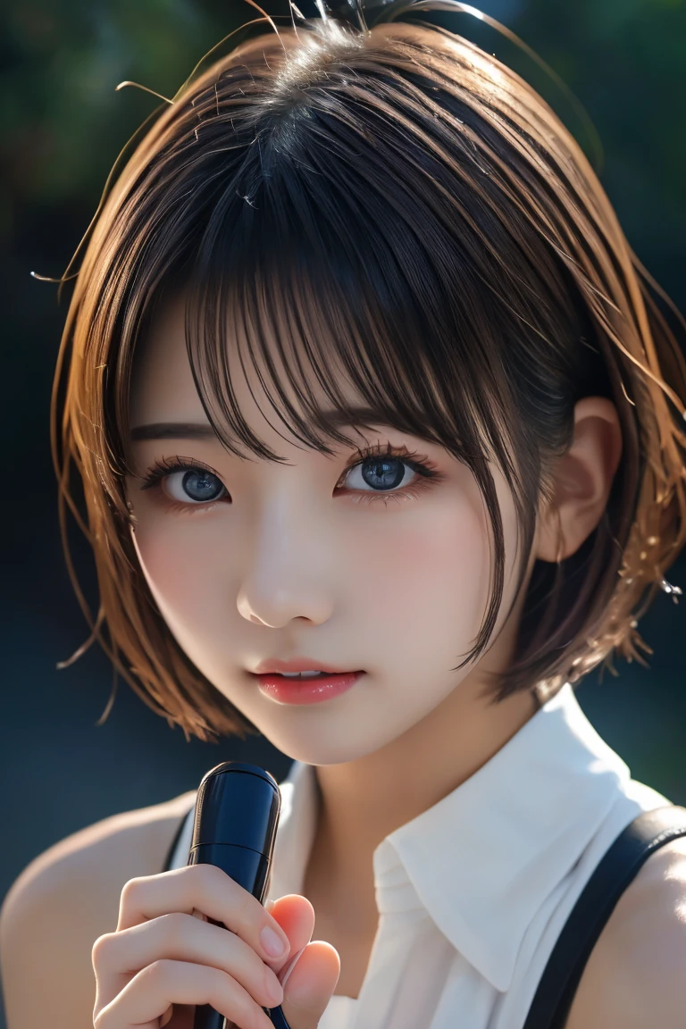 最高品質, (綺麗な)、綺麗な女性、Precision Eyes、 手に陰茎を持つ巻き毛の短い髪、クローズアップ、 上半身 - SeaArt AI