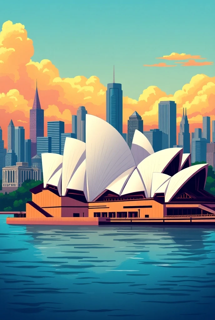 Flat colored illustration showing the city of Sydney with the Opera ...