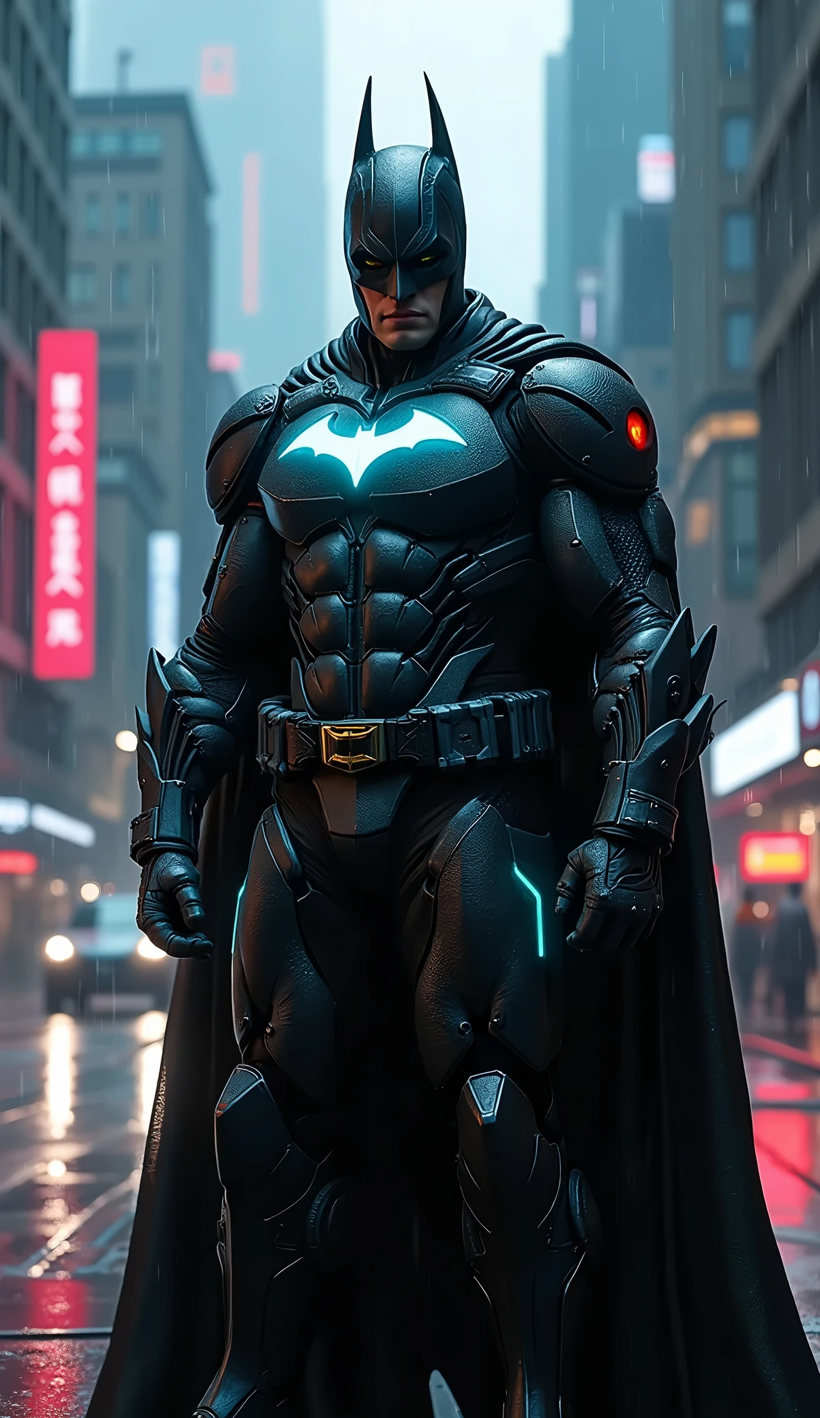 Batman Arkham knight in the rain with a glowing helmet, Raiden metal ...